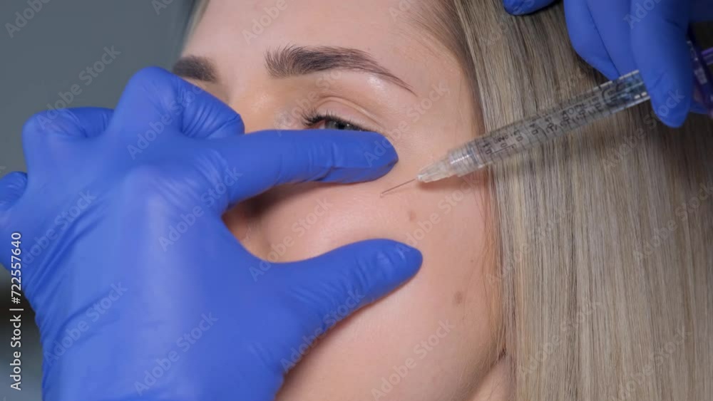 Woman in beauty salon getting botox injections to the cheek, close up ...