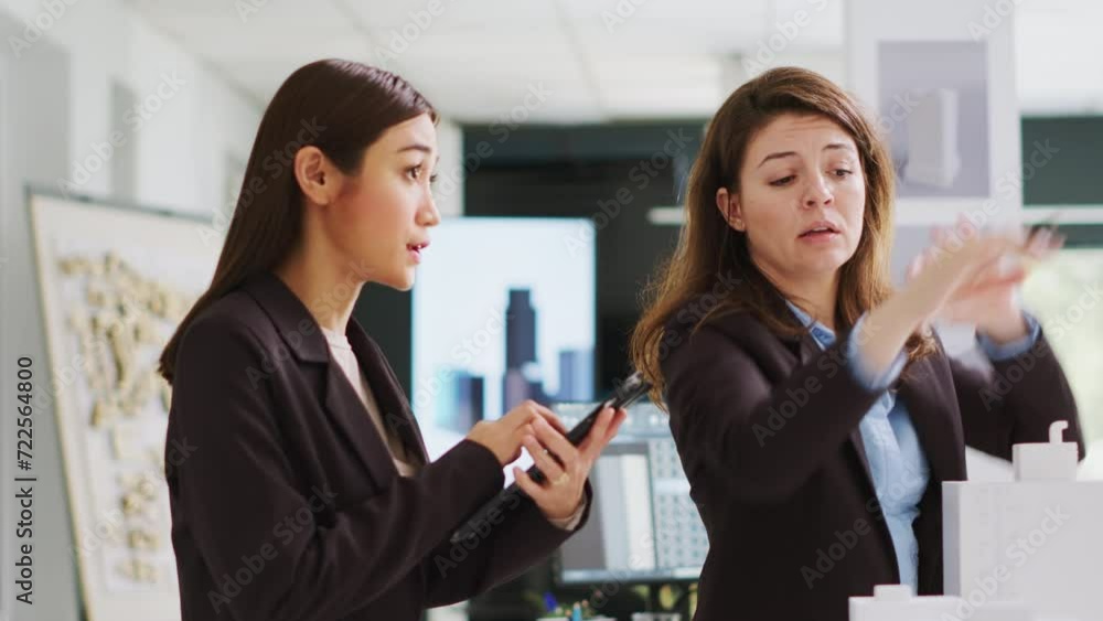 Developers Measuring 3d Building Model To Create Blueprints Examining Maquette To Design
