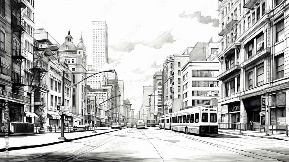 Contemporary black and white line drawing of an urban street scene ...