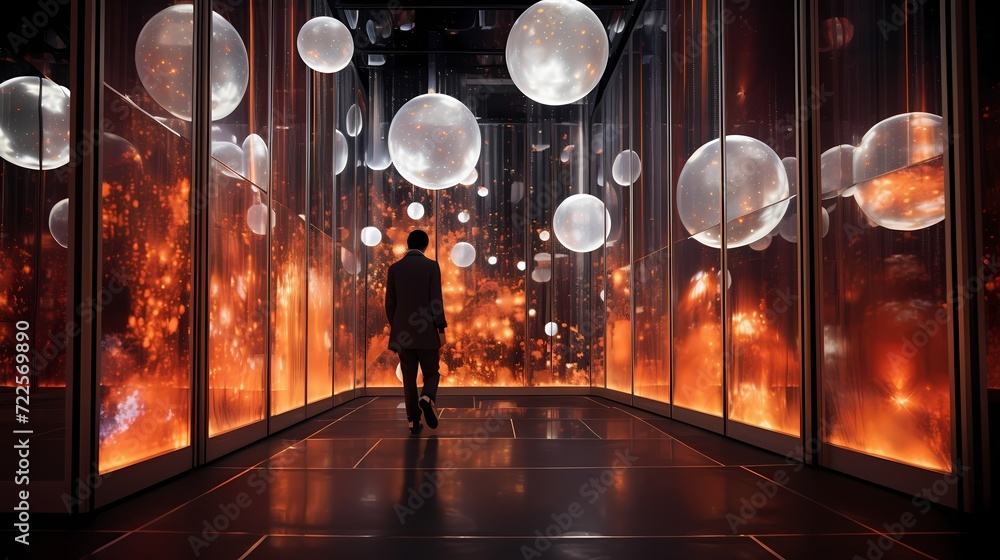 Cosmic-inspired hallway with interactive light panels, levitating art ...