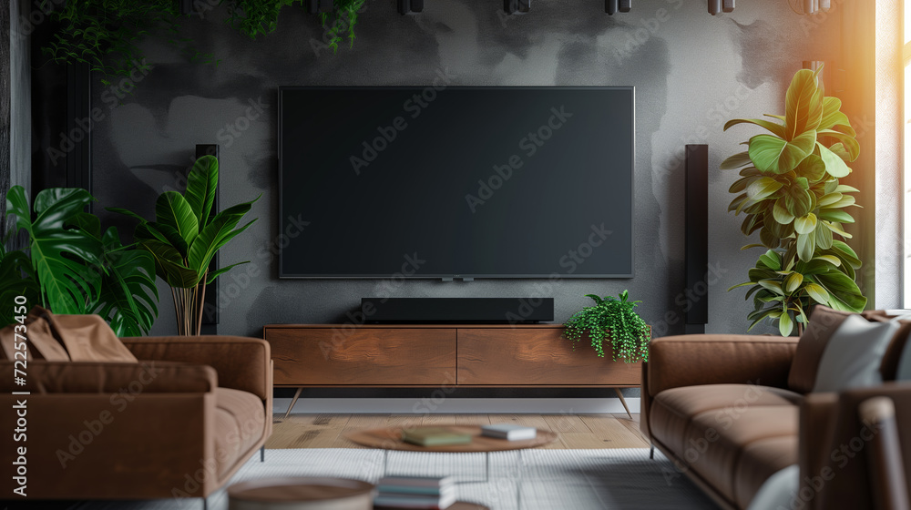 Wide screen flat television banner mockup of empty black screen at ...