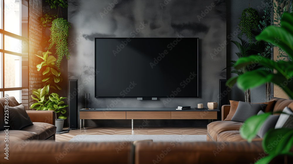 Wide screen flat television banner mockup of empty black screen at ...