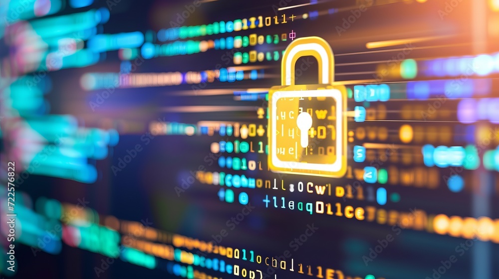 Secure software development code on computer screen with padlock symbol, blurred background ...