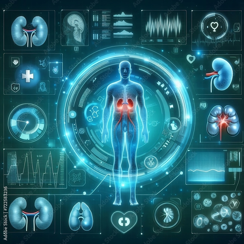 futuristic medical research or kidney health care with diagnosis or ...
