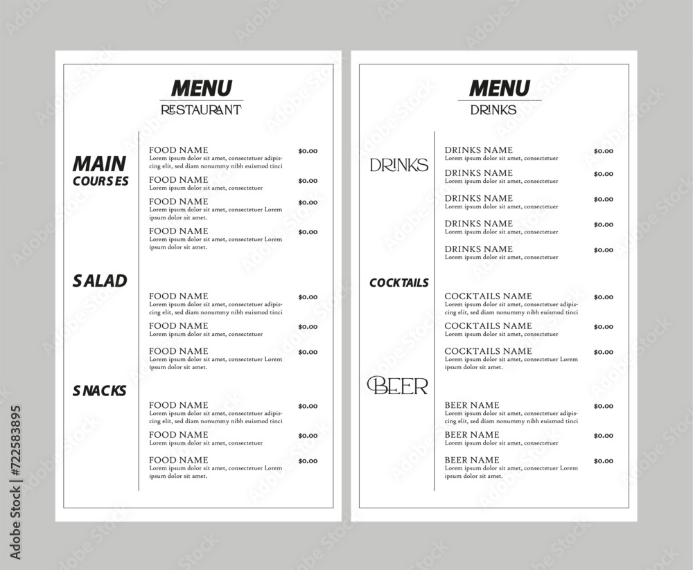 Menu design for restaurants, in black and white. Food and drink. Stock ...