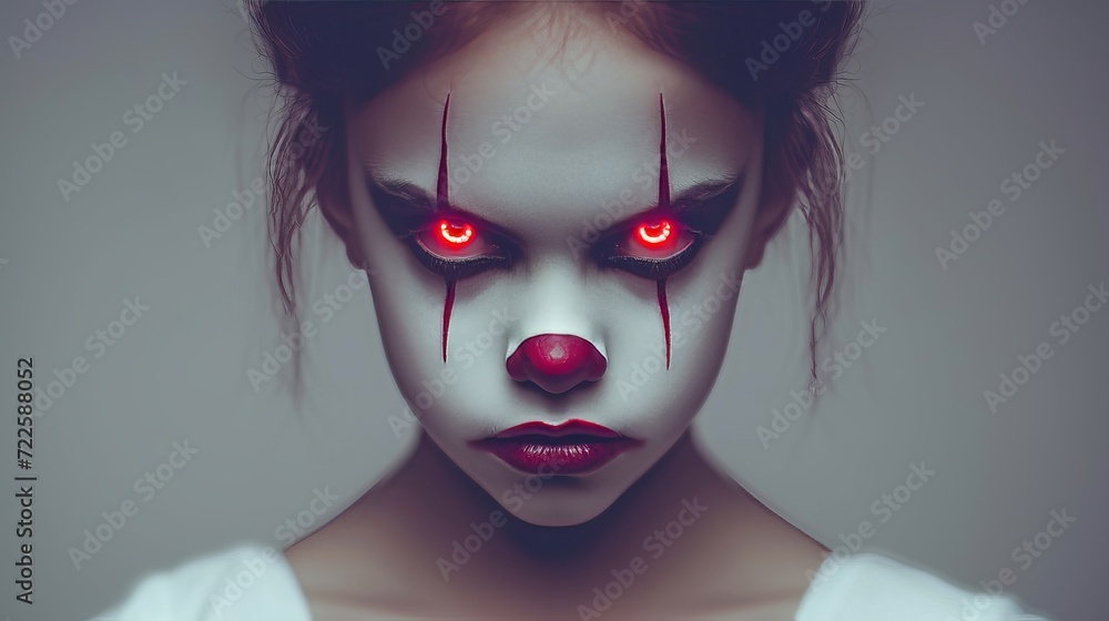 Sinister clown with glowing red eyes and menacing smile in the darkness ...