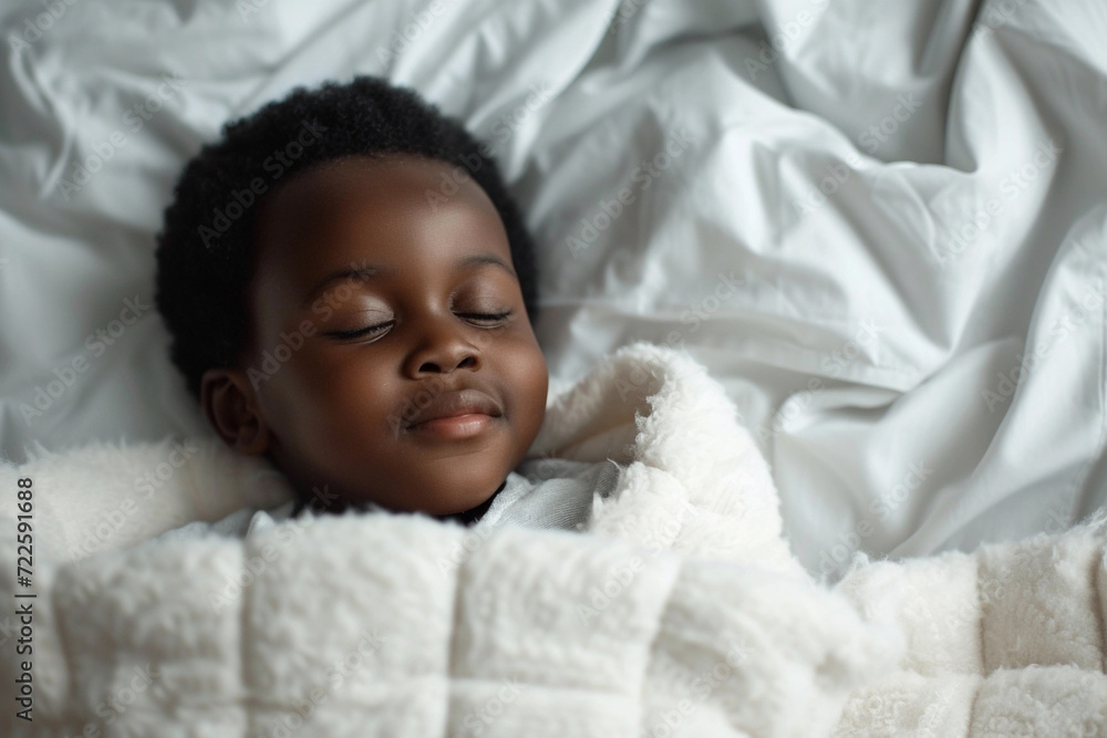 Little boy, Afro-american child, with black skin, sleeping in bed with ...