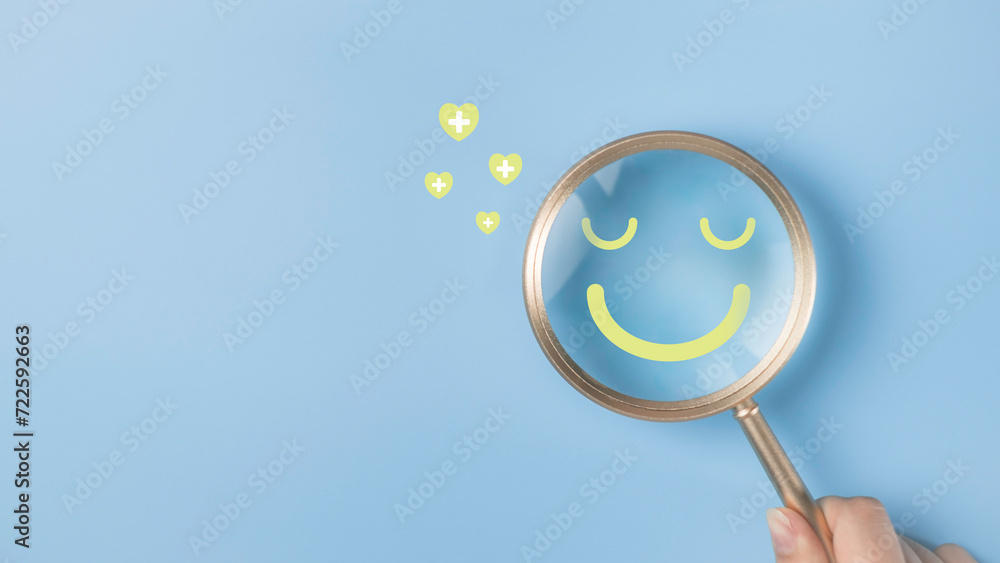 Smile face emotion happy inside magnifying glass with plus sign show ...