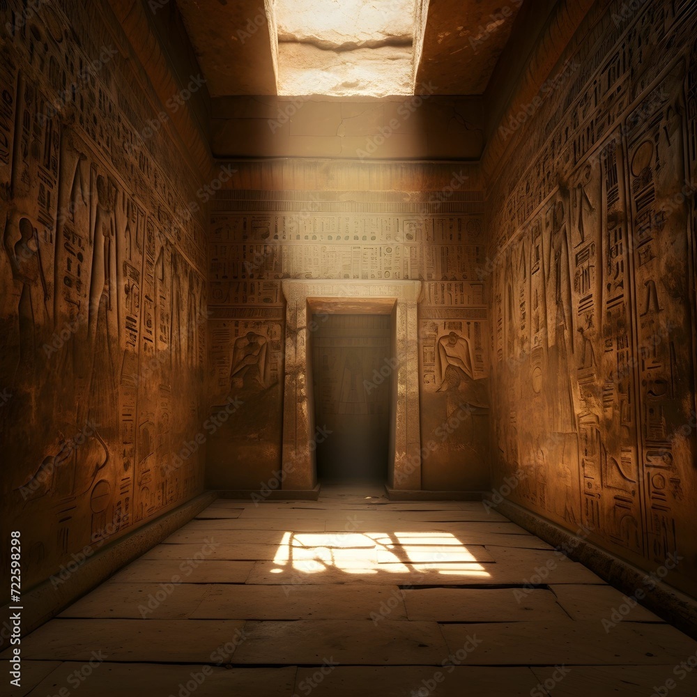 inside of an old Egyptian tomb, light from entrance to the tomb shines ...