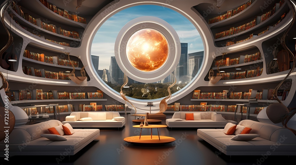 Modern space age library with floating bookshelves, interactive reading ...