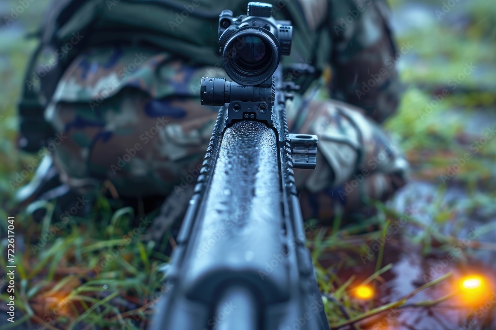 Amidst the grass, a soldier's trigger finger hovers over the barrel of ...