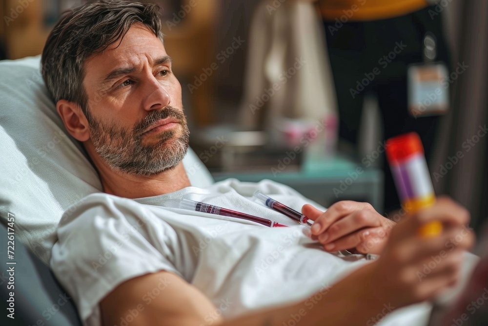 A bearded man in a hospital gown clutches a syringe and a bottle, his ...