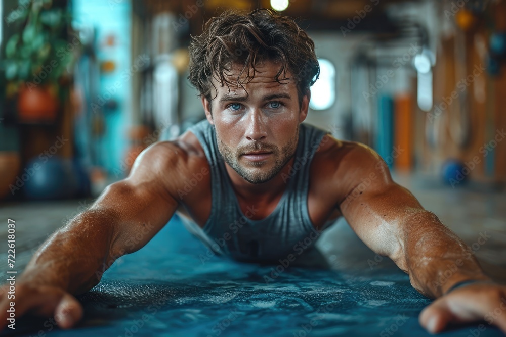 A determined man builds his physical fitness as he completes push ups ...