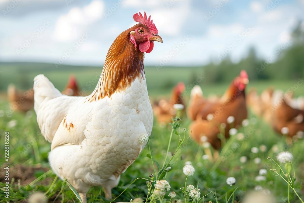 A majestic rooster surveys his kingdom, standing tall in a lush field ...