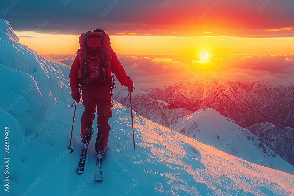 A lone mountaineer stands atop a snowy peak, gazing at the breathtaking ...