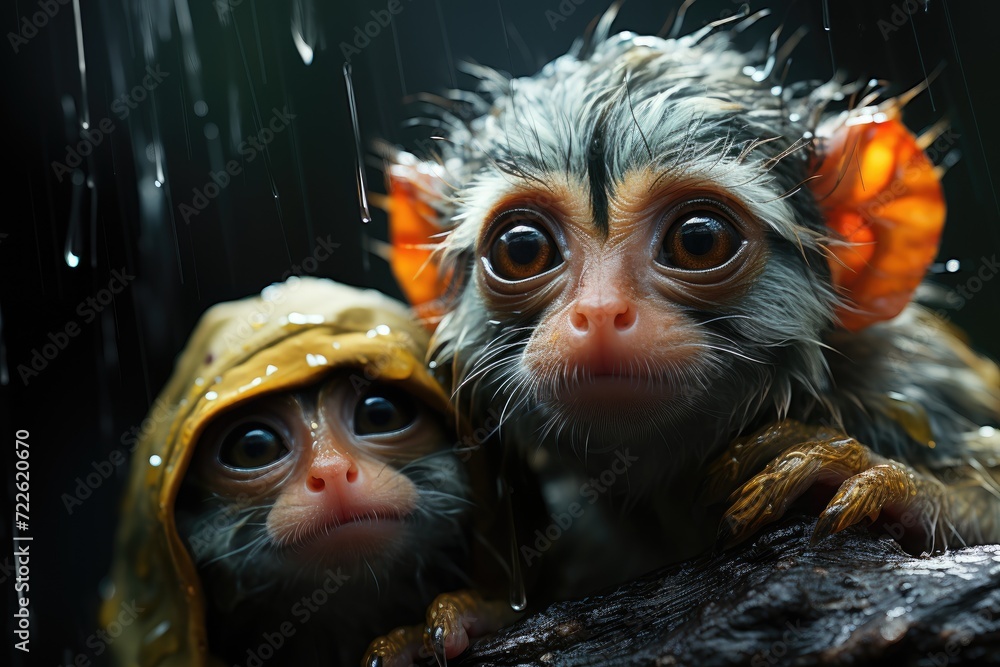 Two furry primates seek shelter from the rain indoors, their damp fur ...