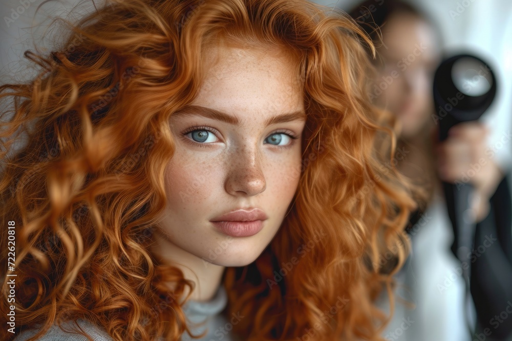 A fiery-haired woman with freckles and a surfer's style poses indoors ...