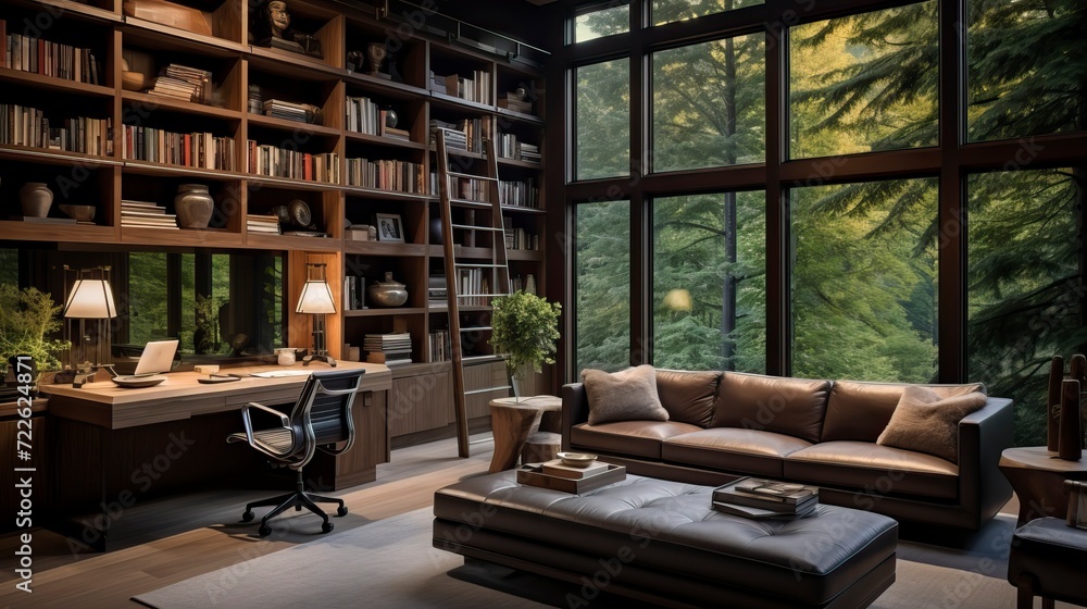 Stylish home office or library with custom built in bookshelves, comfortable seating, and ...