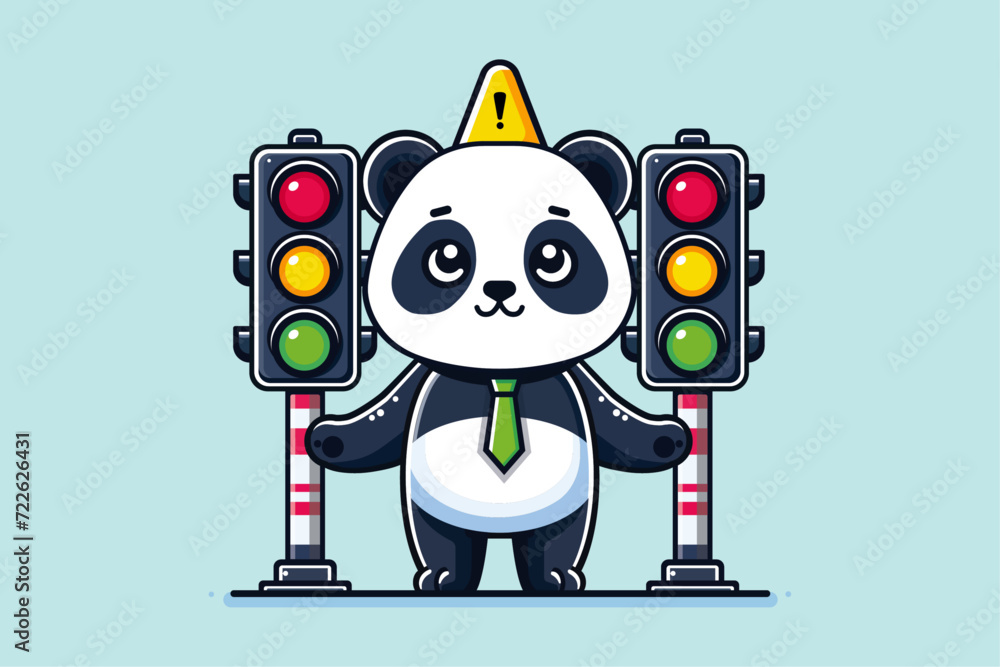 Cute panda wears a hat with a road sign symbol, accompanied by a ...