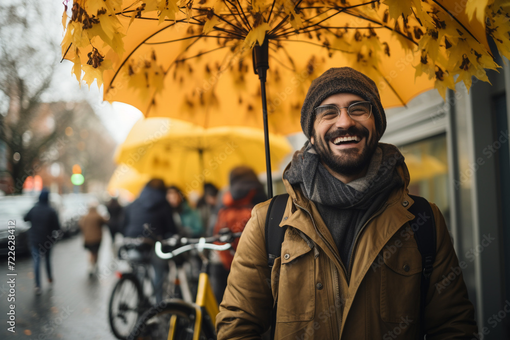 smiling woman man with In an urban setting, force of a windstorm causes ...