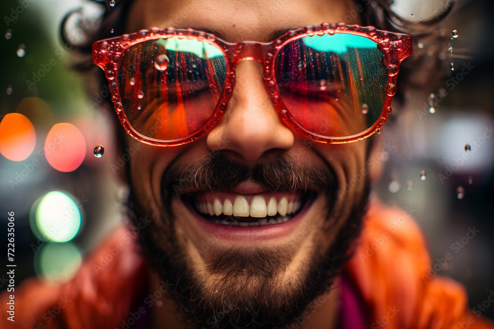 smiling woman man with mesmerizing dance of raindrops on puddles ...