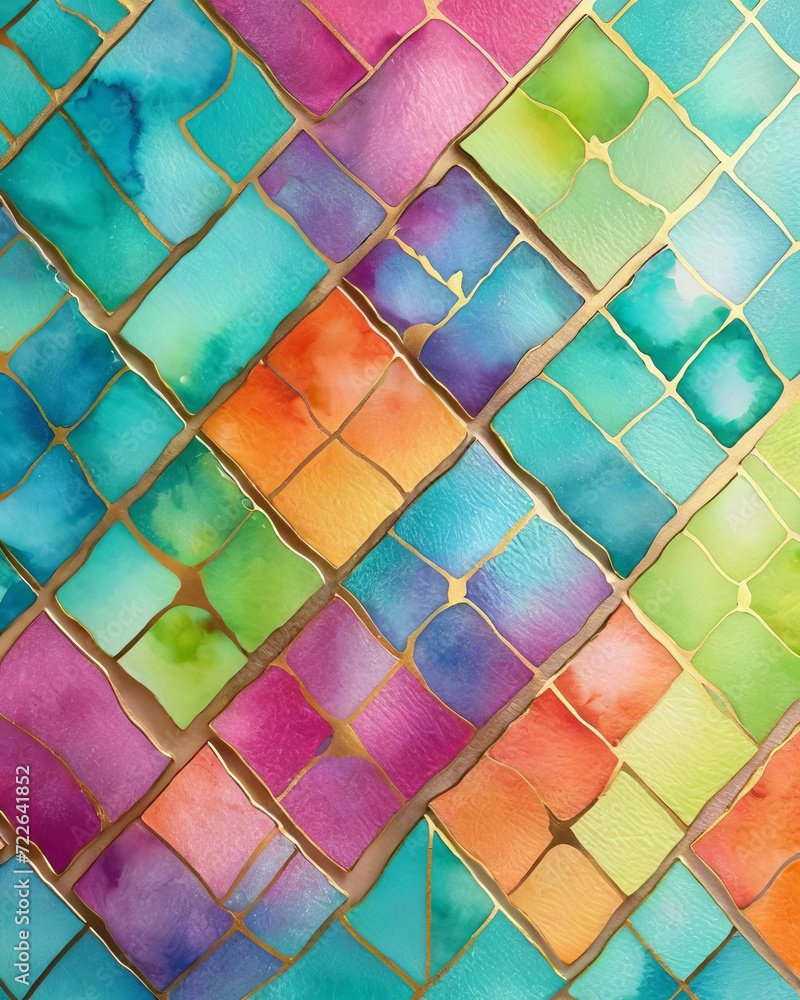 Elegant Checkerboard Rainbow Watercolor Washes Geometric Mosaic with ...
