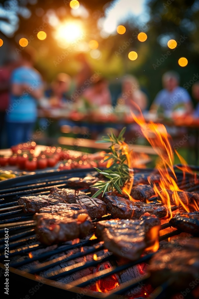Barbecue party with people in the background, grilled steak, grilled ...