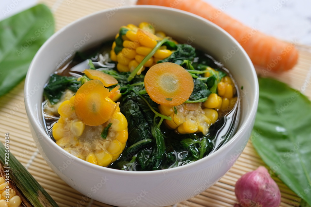 Sayur Bening Bayam is spinach clear soup, made of fresh spinach, carrot ...