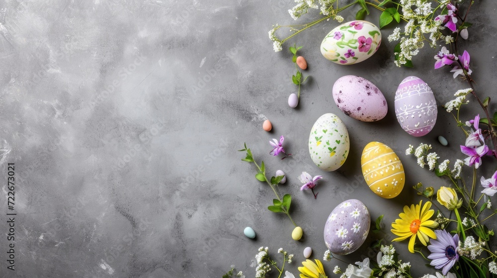 Easter visuals, featuring a group of eggs and flowers on a grey ...