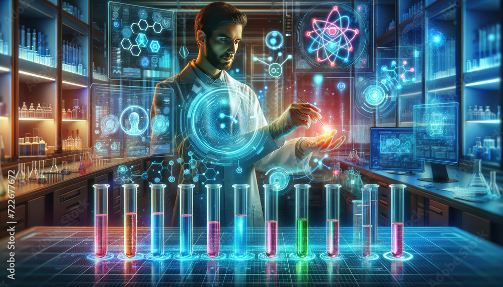 In a high-tech laboratory, a scientist interacts with a sophisticated ...