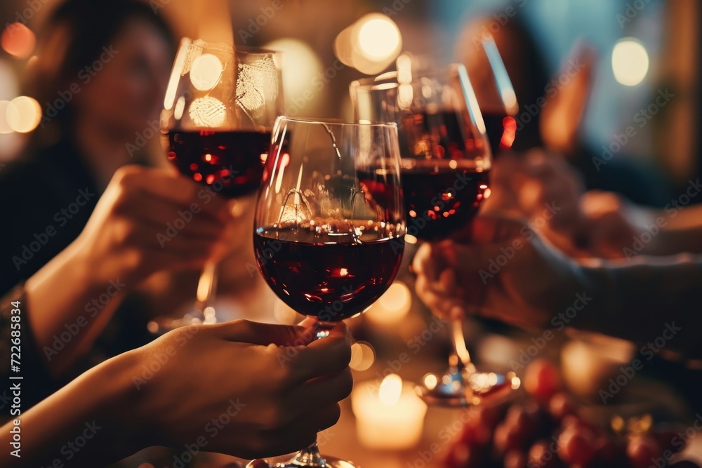 Hand holding glass of red wine , people cheering, cheers, spending a ...