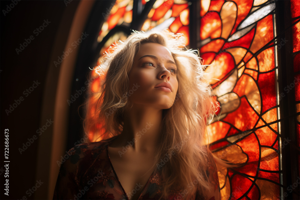 Captivating image of a young girl posing by a stained window, bathed in ...
