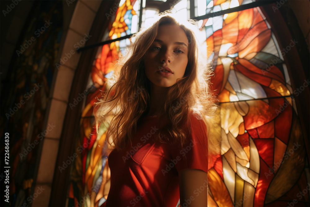 Captivating image of a young girl posing by a stained window, bathed in ...
