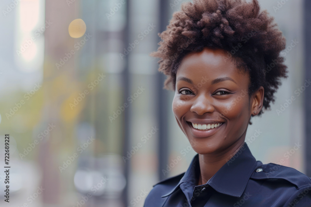 Afro woman wearing security guard or safety officer uniform on duty ...