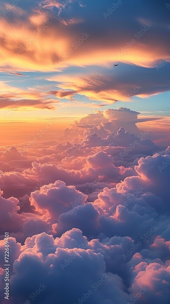 Sunset, sunrise, sky with clouds at twilight, dusk, dawn, flying above ...