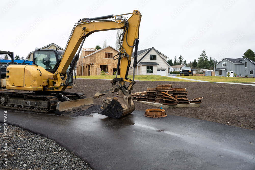 New residential community under construction, pile of sewer drain ...