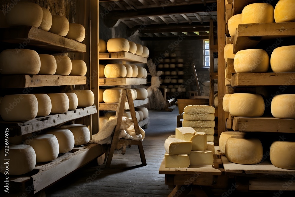 Cheese collection, large group of hard Dutch cheese heads in a ...
