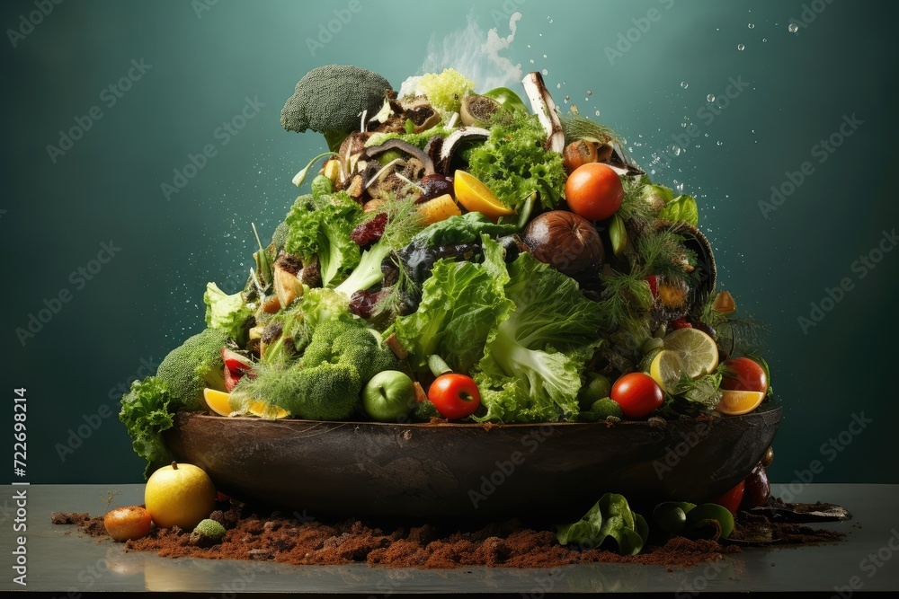Vegetables waste in wooden bowl with flying ingredients on dark ...