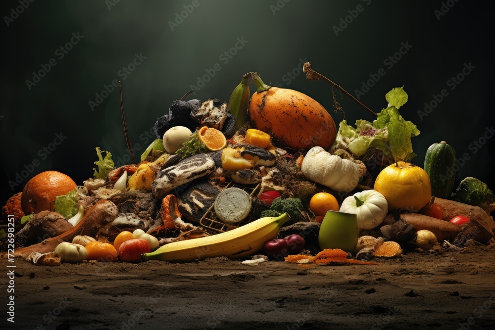 Fruits and vegetables on the ground in the dark, still life. concept of ...