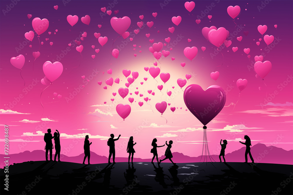Experience the joy of love and romance as people run with pink balloons ...