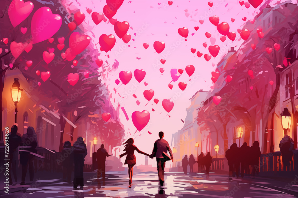 Experience the joy of love and romance as people run with pink balloons ...