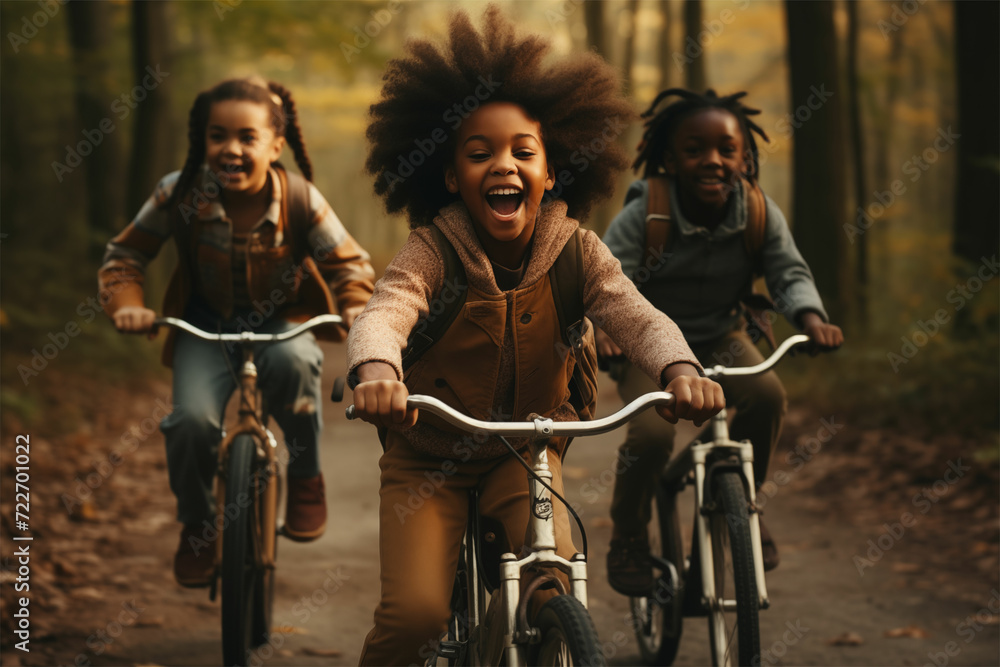 Captivating scene as three children ride bicycles through the ...