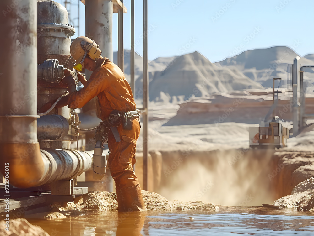 Drilling rig workers in uniforms and helmets are drilling an artesian ...