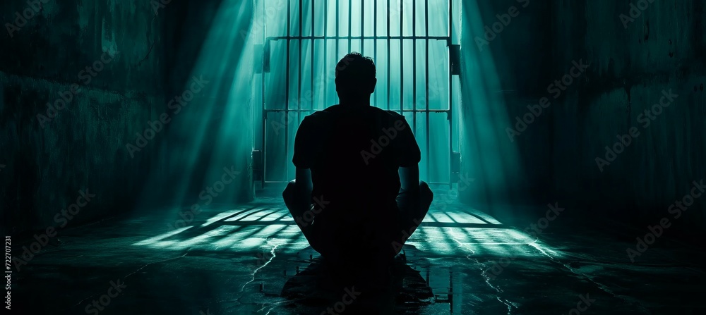 Man prisoner arrested behind the prison cell. Generative AI technology ...