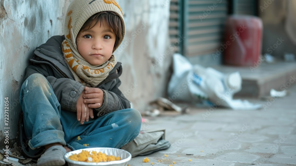 Homeless and poor little boy sitting with food AI generated image Stock ...