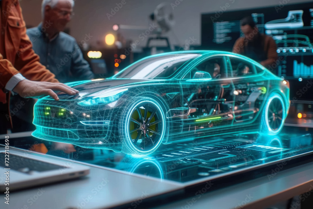 Automotive engineer working using AI system production on electric car ...
