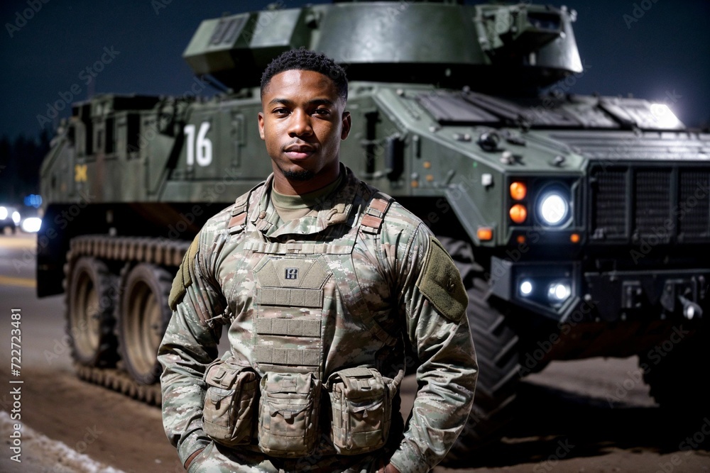 combat mechanic standing in middle east in front of an armored vehicle ...