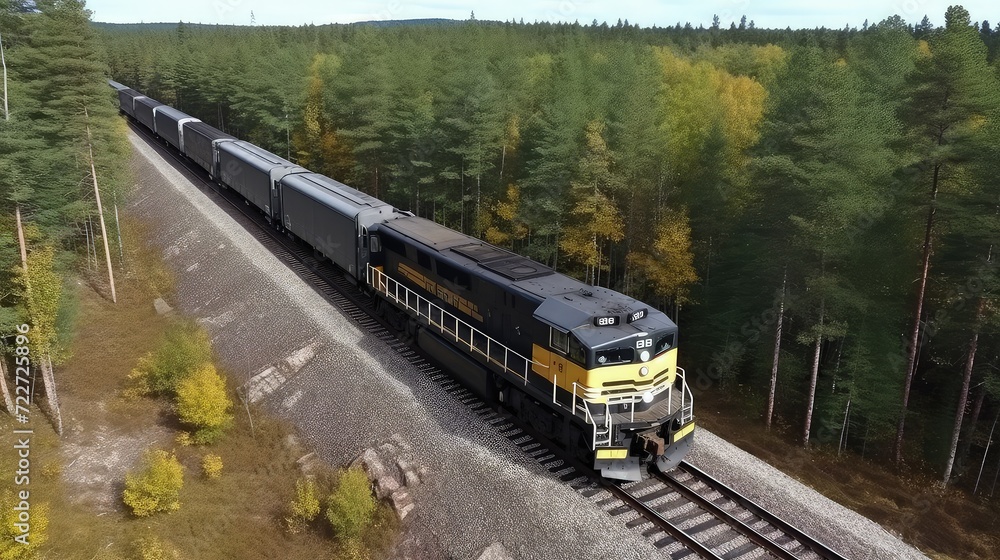 A massive freight train powers through a lush green forest, its metal ...