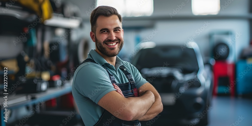 Confident mechanic smiling in a well-equipped workshop. modern auto ...