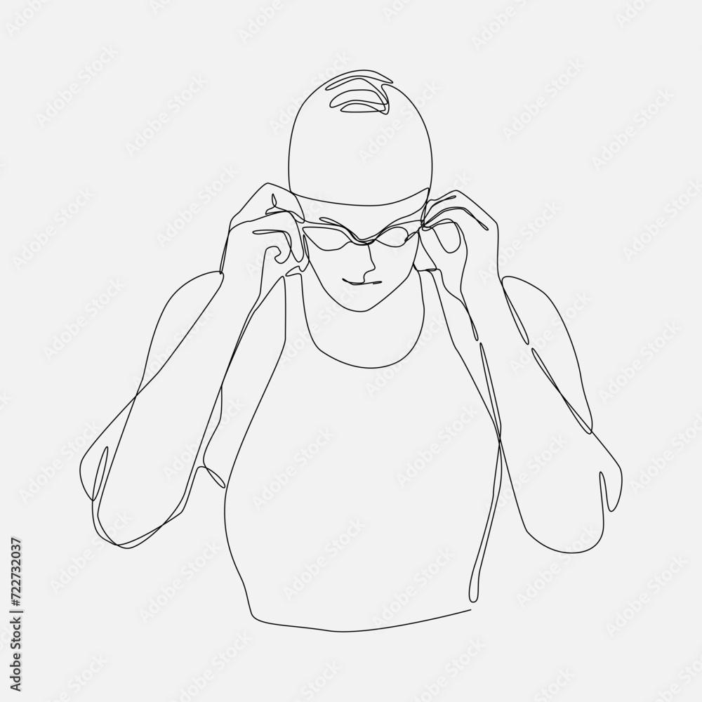 one continuous line drawing of female swimmer athlete wearing goggles ...